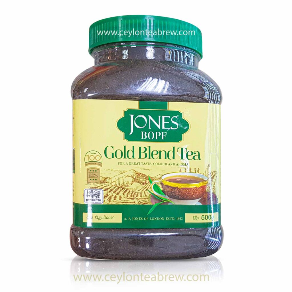 Jones Ceylon BOPF gold blend black leaf tea in jar - Ceylon tea brew UK