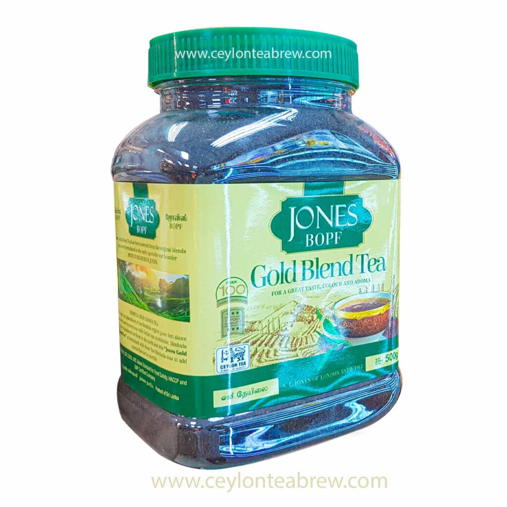 Jones Ceylon BOPF gold blend black leaf tea in jar - Ceylon tea brew UK